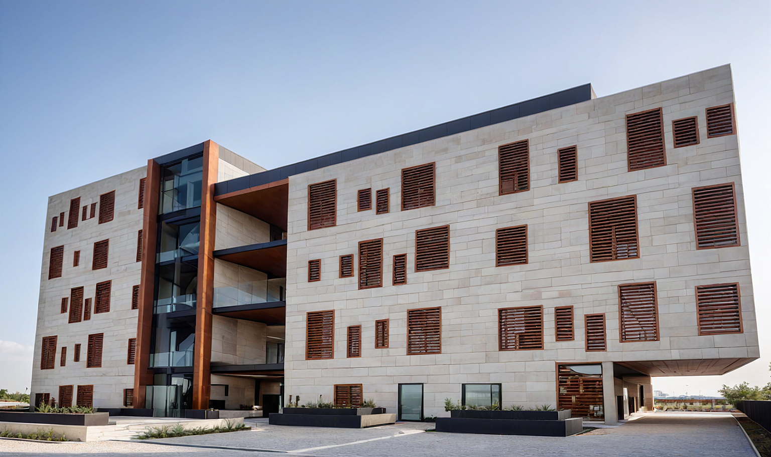 limestone panels with corten steel framing - Generated by Render - AI ...